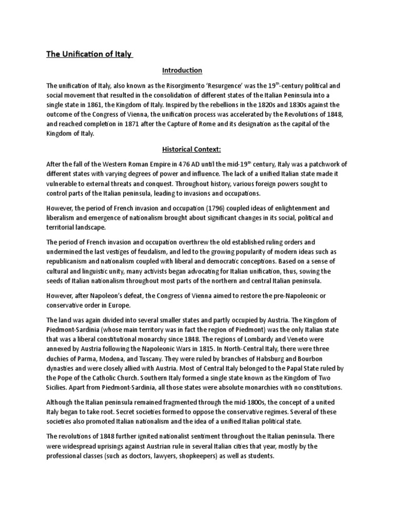 Unification of Italy: Key Stages and Leaders | PDF