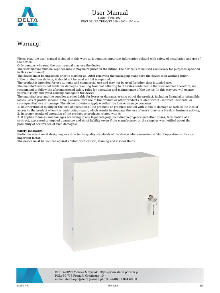 Delta Opti TPR-3/ST User Manual | PDF