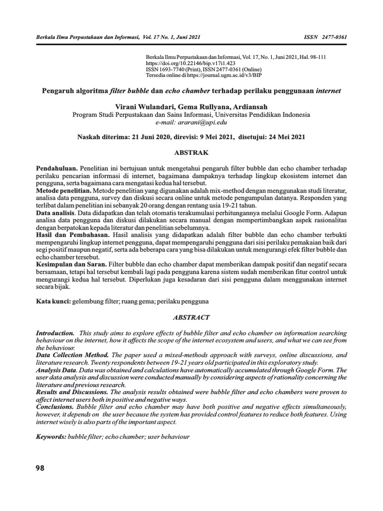Pengaruh Algoritma Filter Bubble Dan Echo Chamber Terhadap Perilaku Penggunaan Internet | PDF
