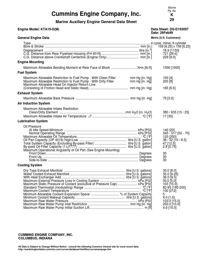 CUMMINS K19 AUXILIARY GENERAL ENGINE DATA | PDF | Engines | Systems ...