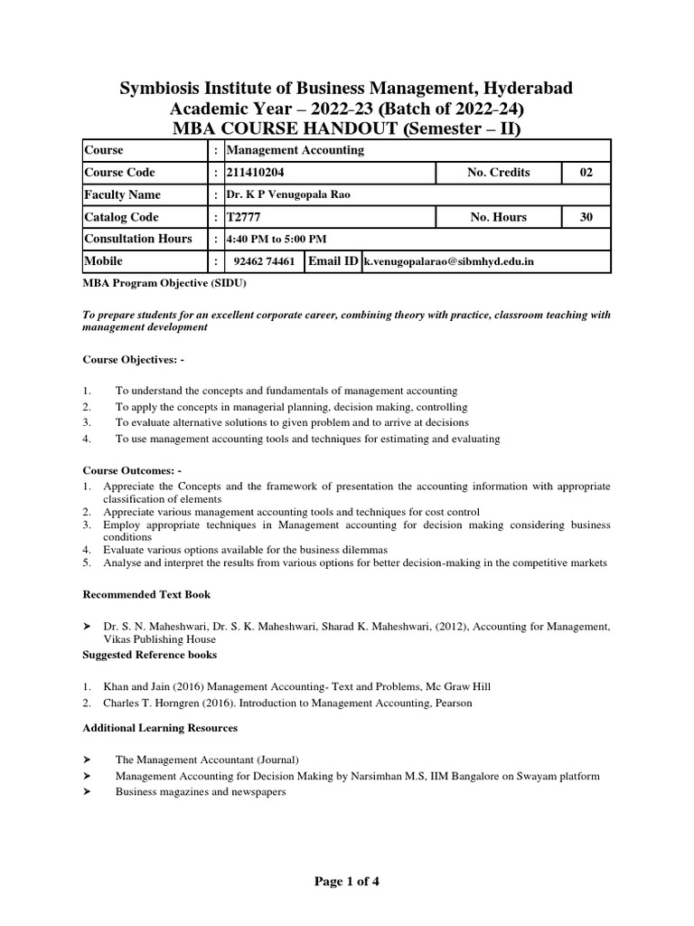 MBA Management Accounting Course Guide | PDF | Management Accounting ...
