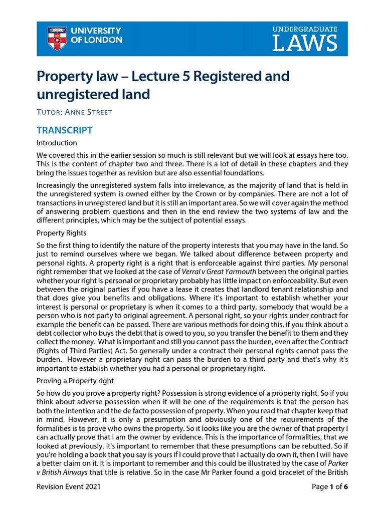 Property Law: Registered vs Unregistered Land | PDF