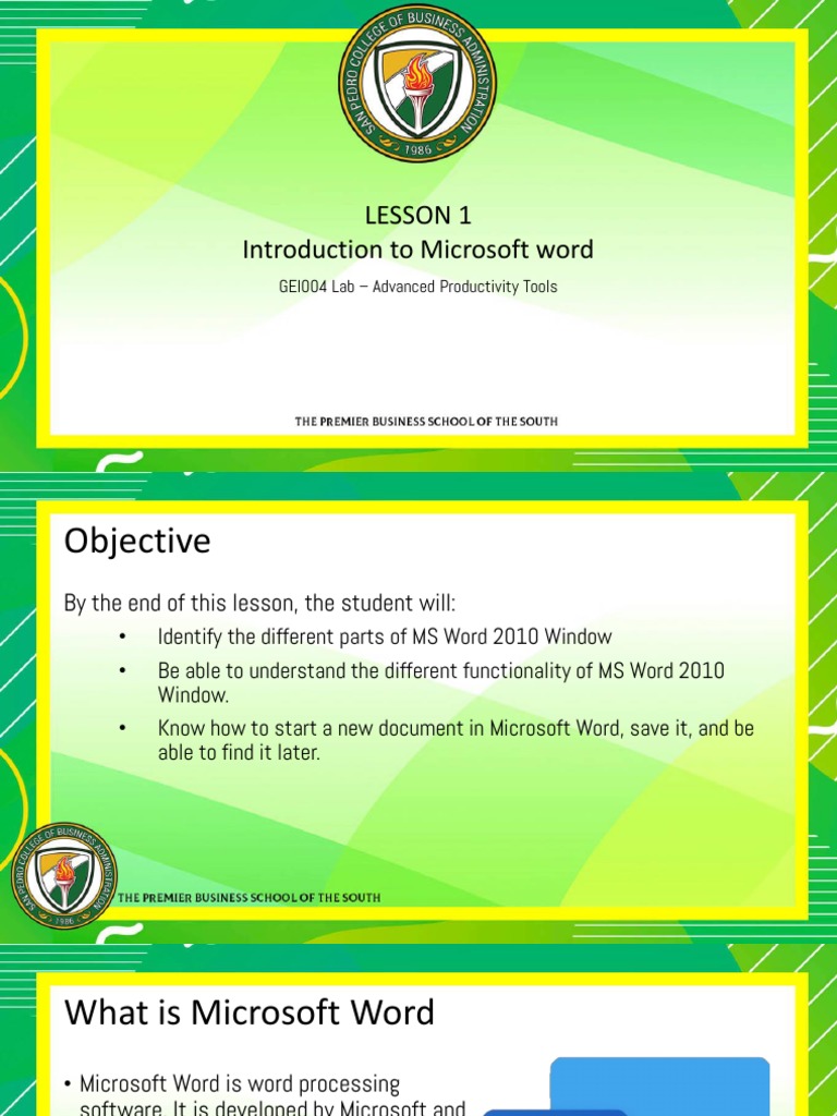 LESSON 1 INTRO TO MS WORD 2010 | PDF | Microsoft Word | Window (Computing)