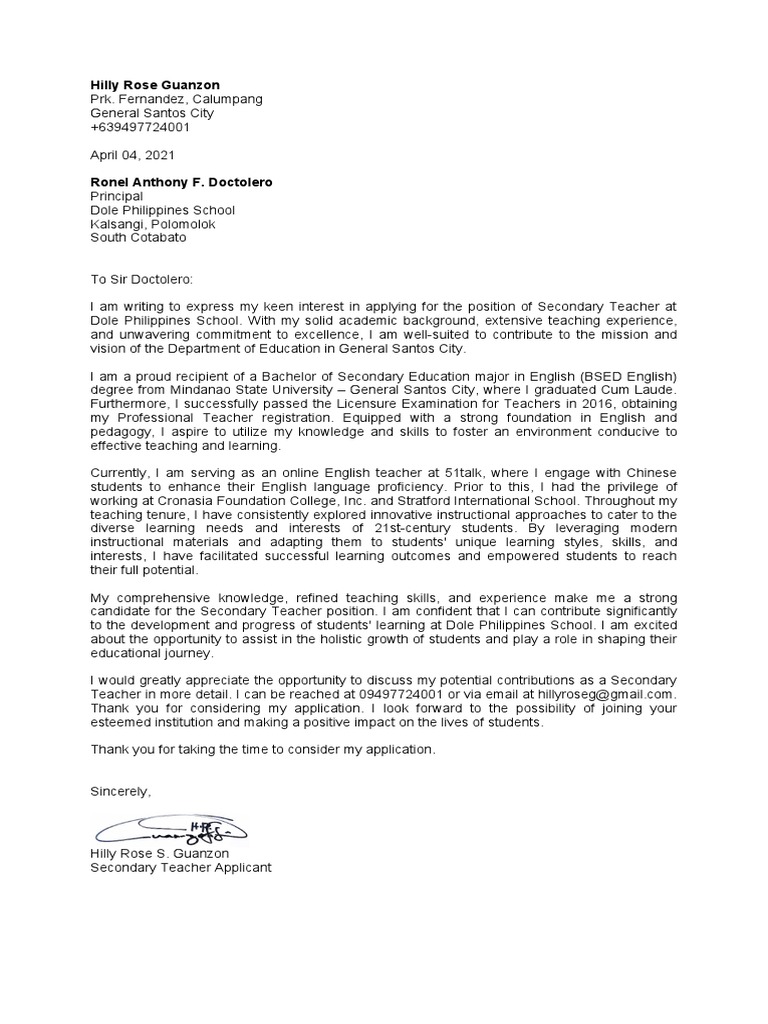 Sample Application Letter | PDF | Teachers | Learning