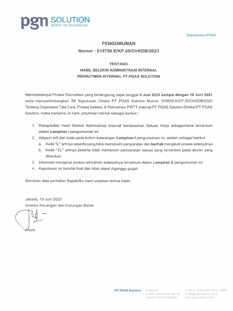 Pengumuman Kandidat Lolos Seleksi PT PGAS Solution - PPO - 1 | PDF