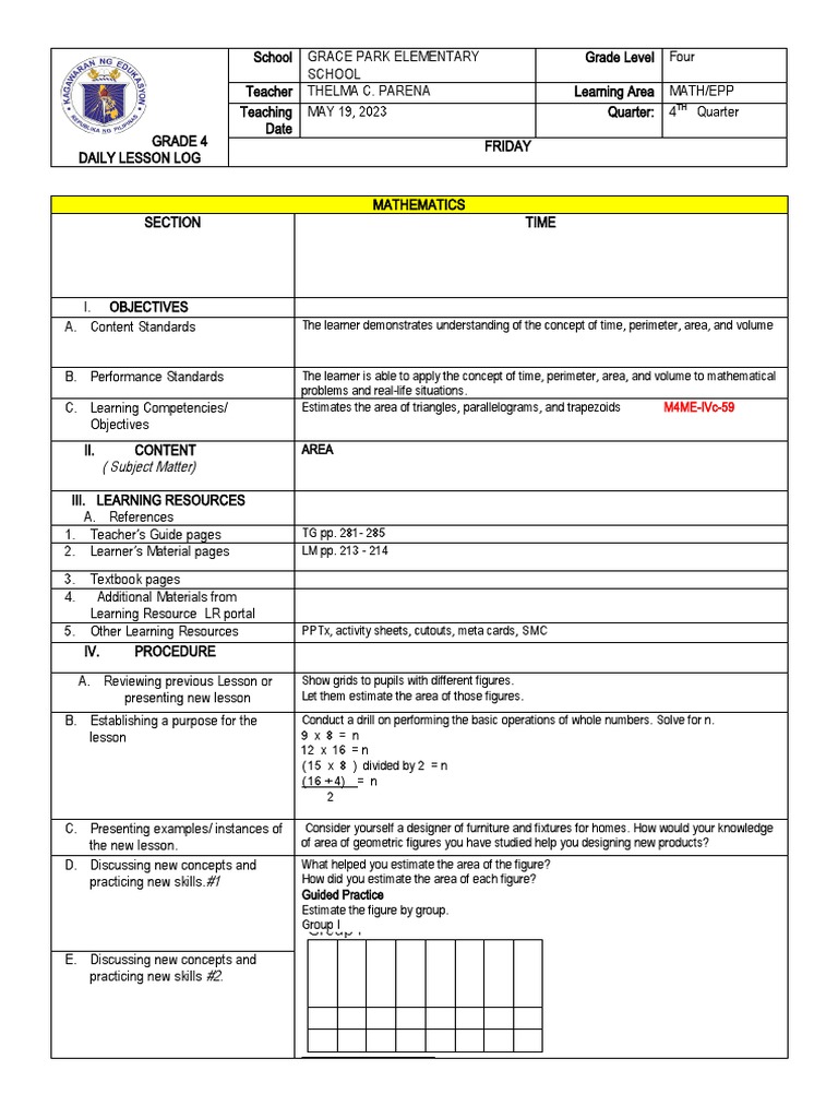 Math and Epp Lesson Plan | PDF | Area | Learning