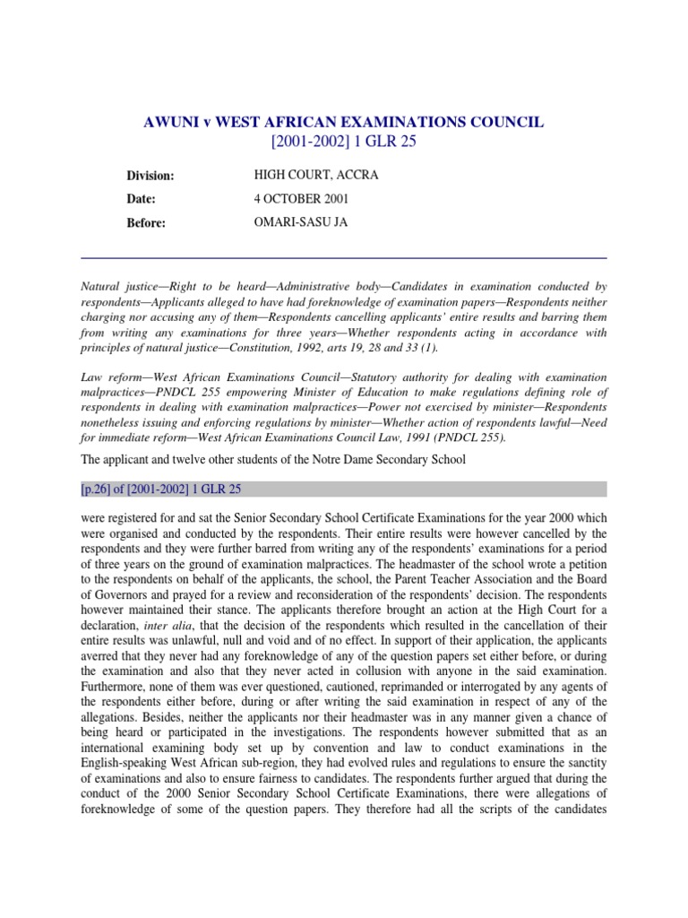 AWUNI V WEST AFRICAN EXAMINATIONS COUNCIL | PDF | Government | Justice
