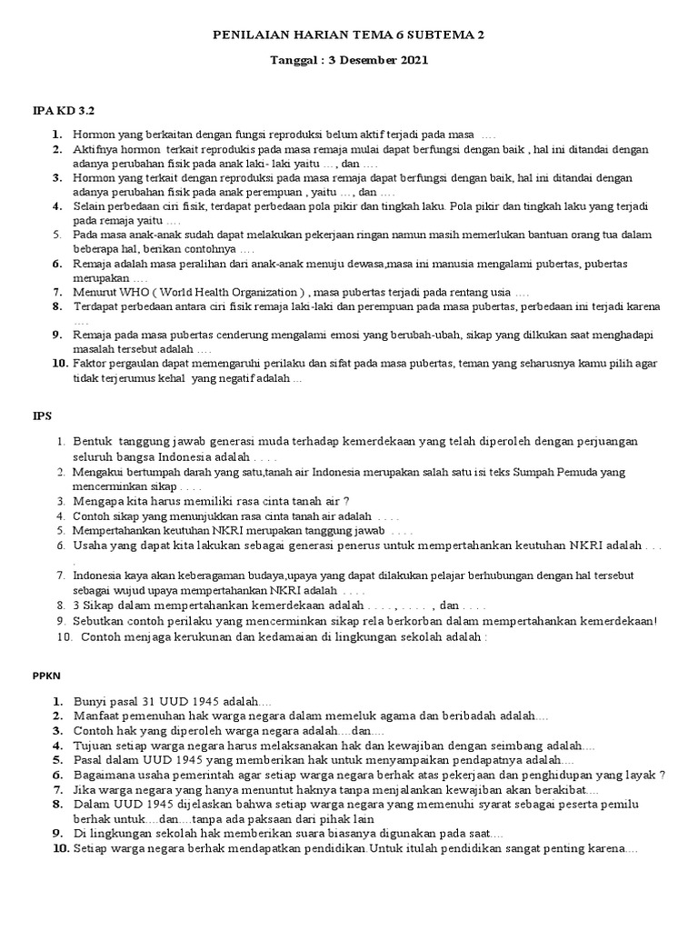 Penilaian Harian Tema 6 | PDF