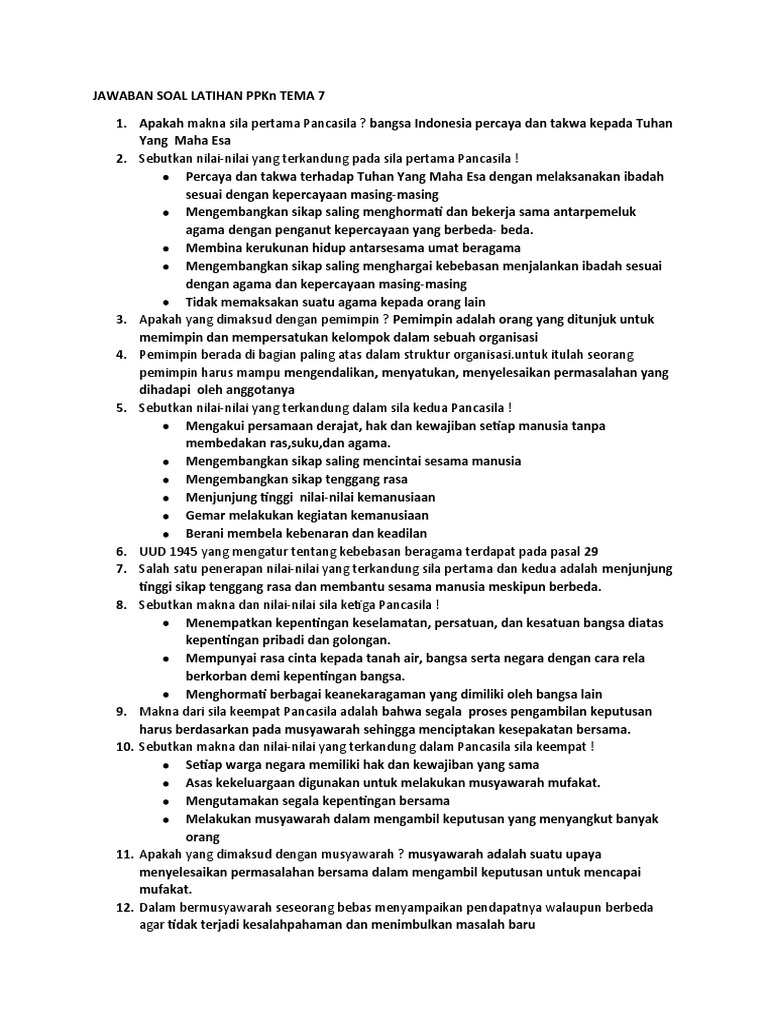 Jawaban Latihan PPKN Tema 7 | PDF | Ilmu Sosial | Sains & Matematika
