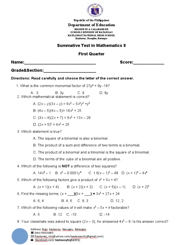 g8 First Summative | PDF | Summation | Mathematics