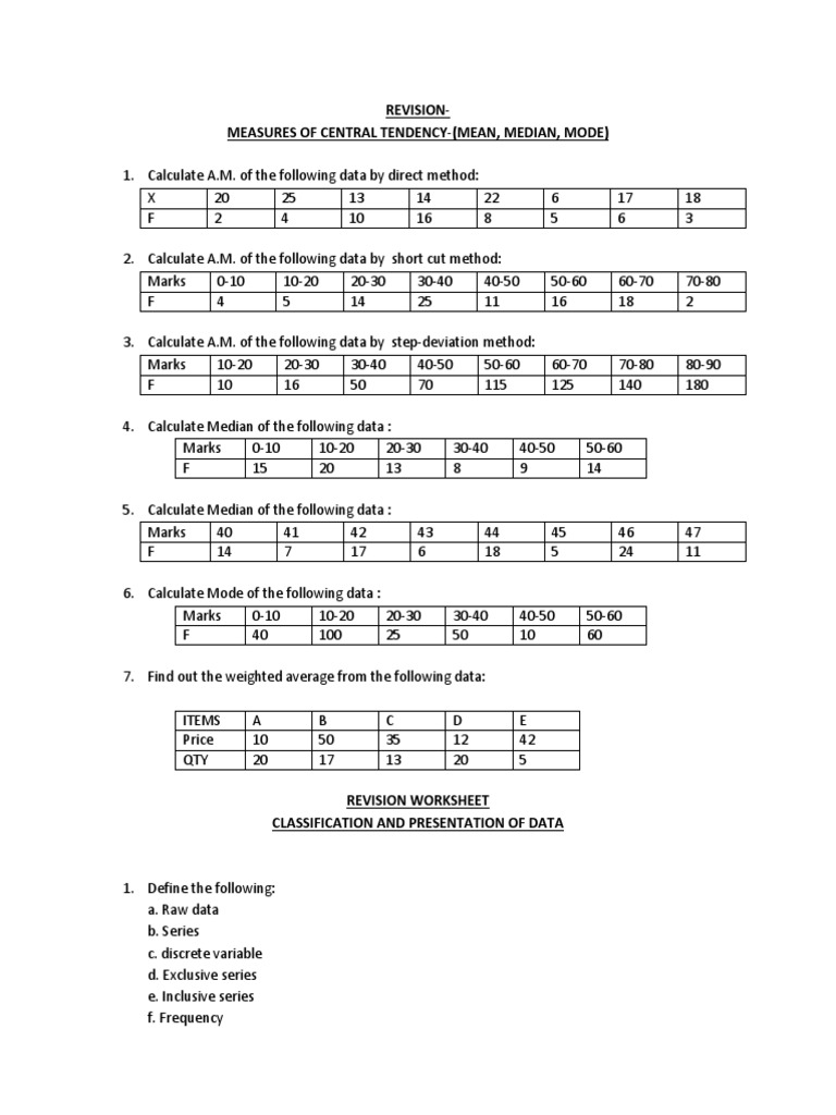 Revision Ws Statistics | PDF | Mean | Median