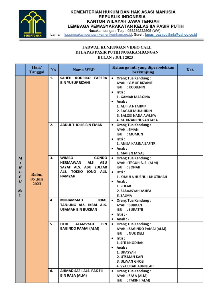 Jadwal Kunjungan Juli 2023 | PDF
