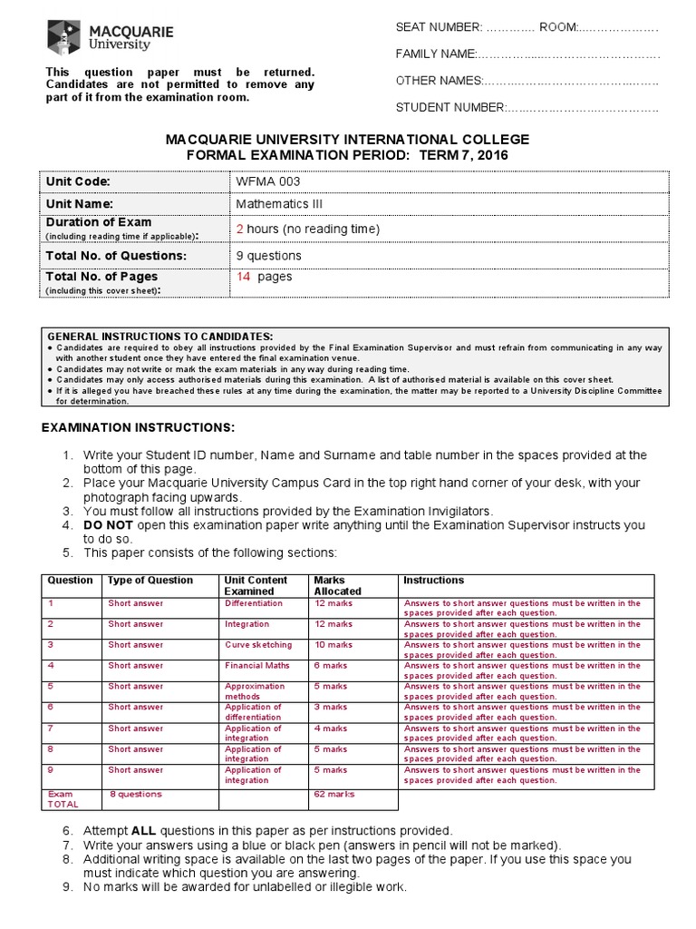 WFMA003 Final Exam 2018 | PDF