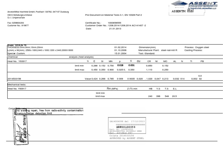MTC Certificate - Doc A516.GR70 | PDF | Building Engineering | Building ...