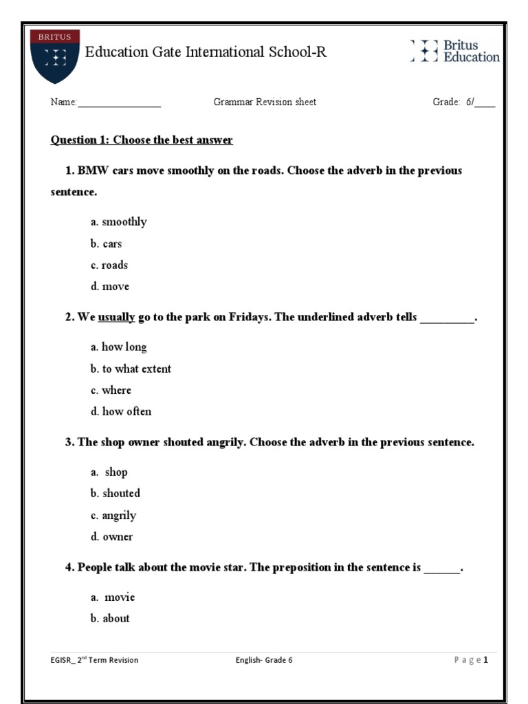 Grade 6 English Grammar Revision Sheet | PDF | Adverb | Adjective
