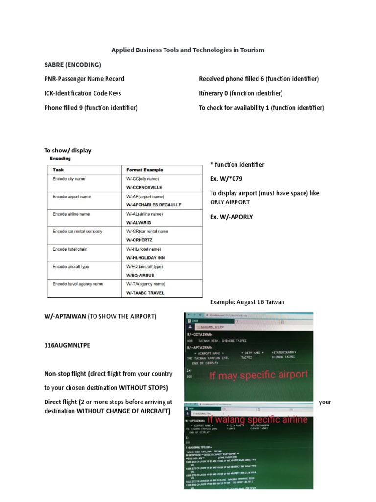 Applied Business Tools and Technologies in Tourism Sabre (Encoding ...