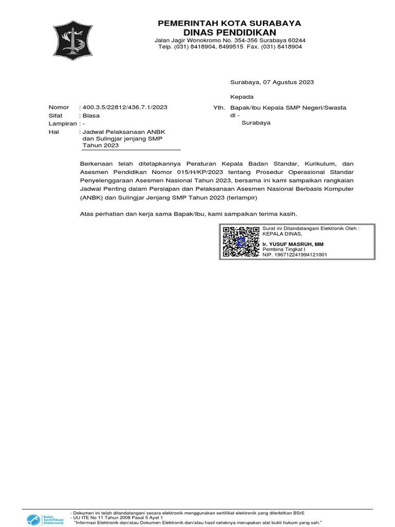 Jadwal Pelaksanaan ANBK Dan Sulingjar SMP 2023 | PDF