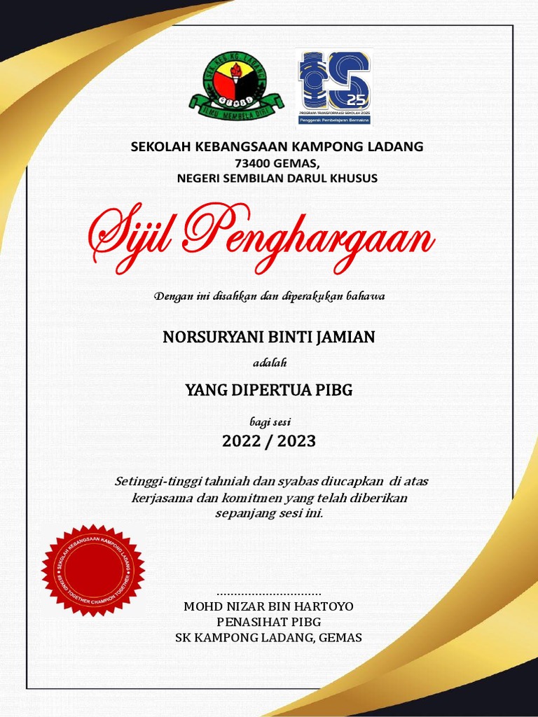 Sijil Penghargaan Ajk Pibg2023 | PDF