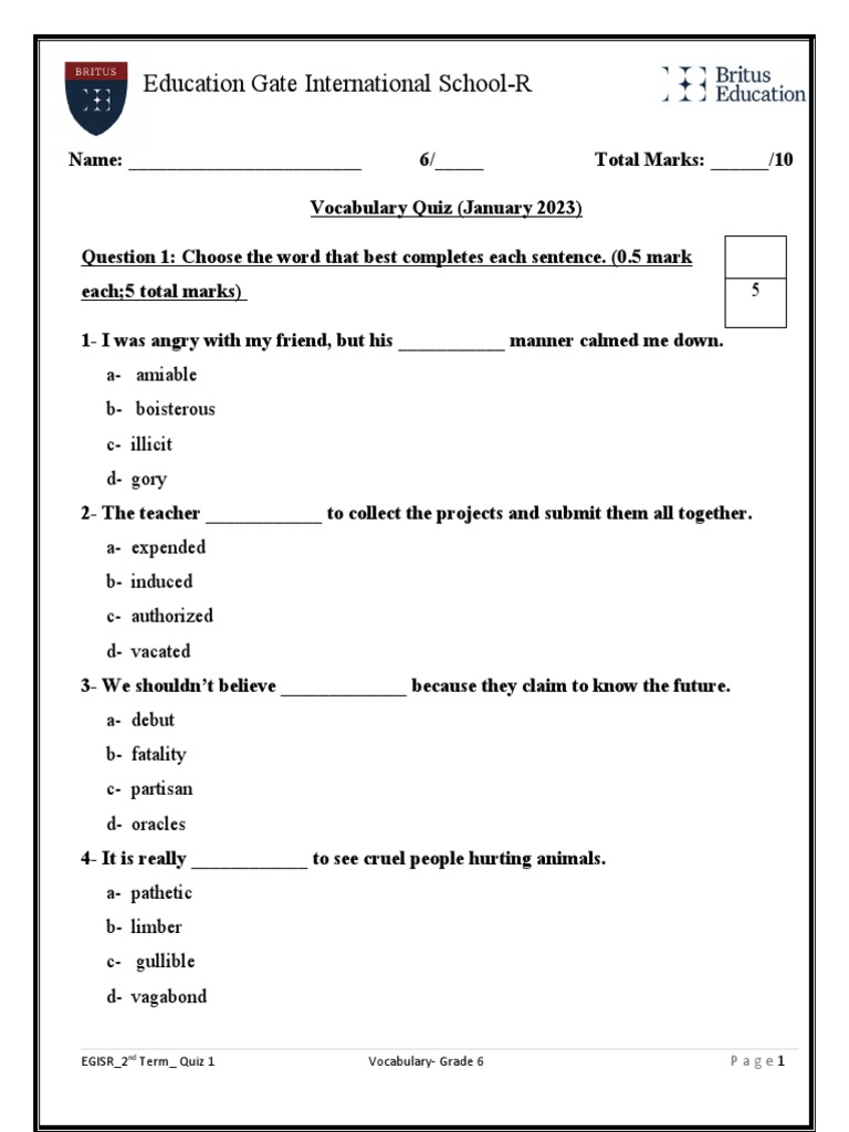 Grade 6 Vocabulary Quiz 1 2nd Term | PDF | Lexical Semantics | Vocabulary