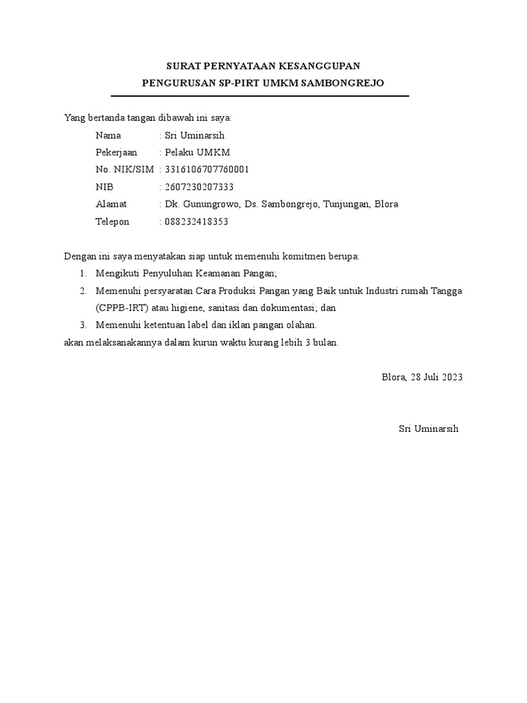 Surat Pernyataan PIRT UMKM Sambongrejo | PDF | Pengembangan Diri ...