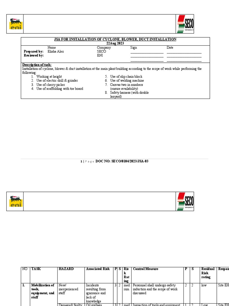 Jsa For Installation of Cyclone Rev 4 | PDF | Safety | Occupational ...