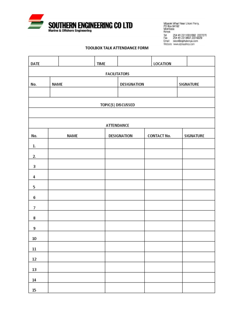 Toolbox Talk Attendance Form | PDF