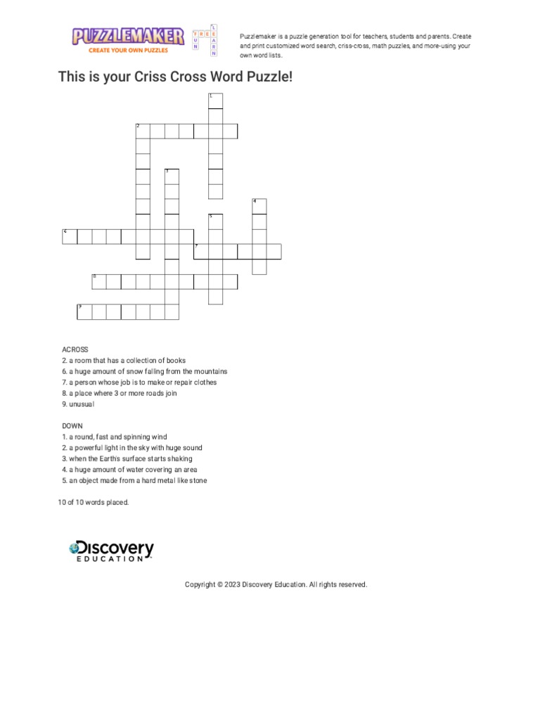 Criss Cross Puzzle _ Discovery Education Puzzlemaker | PDF