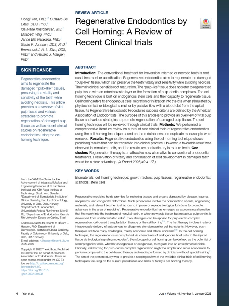 Regenerative Endodontics by Cell Homing A Review | PDF