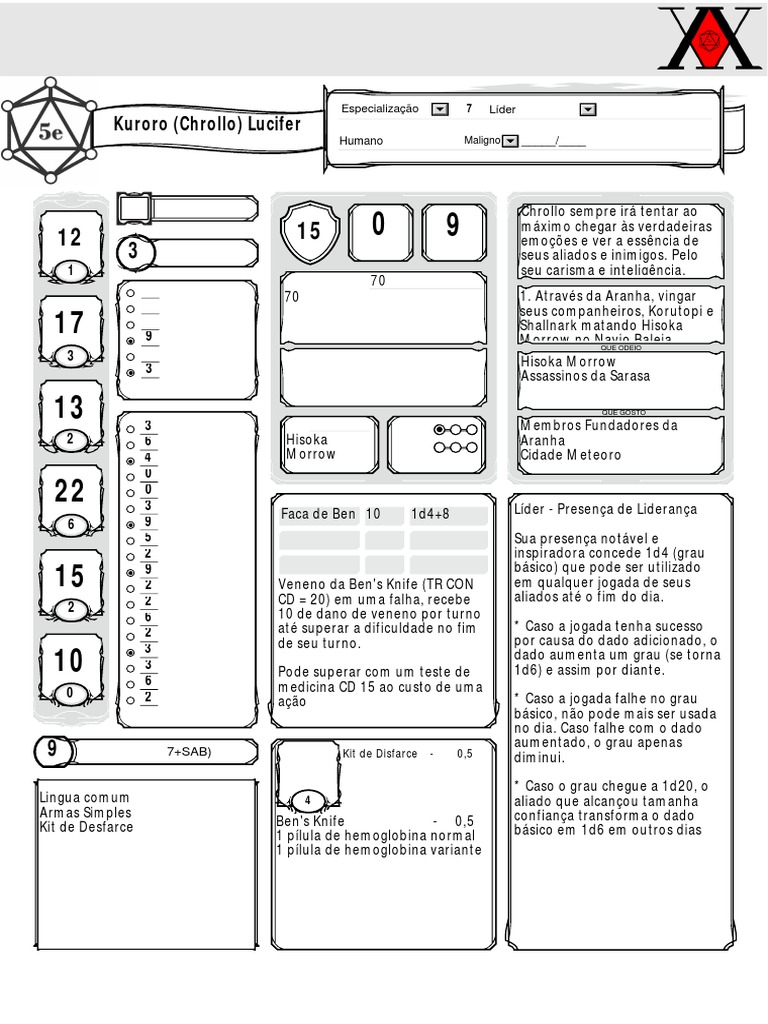 Hunter X Hunter 5e RPG - Ficha - Chrollo Kuroro Lucilfer | PDF