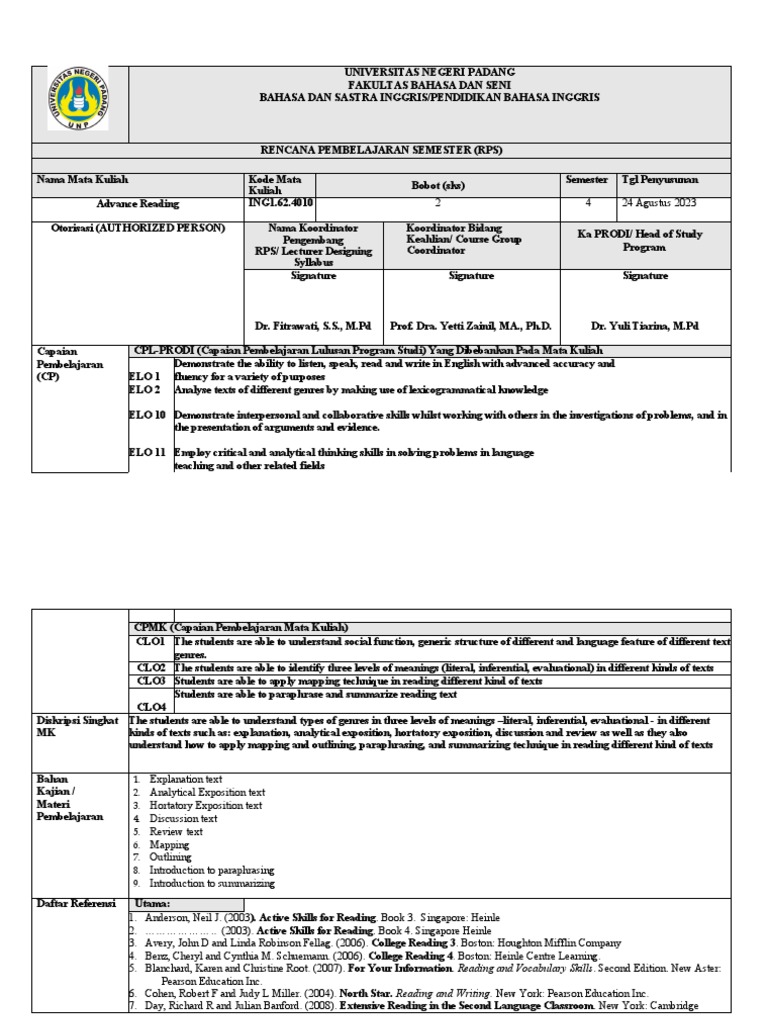 RPS Advance Reading 2023 Revisi | PDF | Rubric (Academic) | Learning