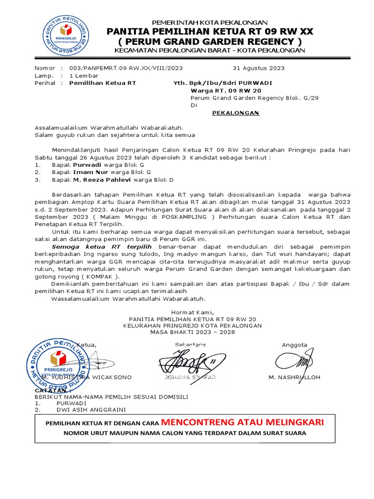 Surat Edaran Pemilihan Ketua RT Tahap Pemilihan | PDF