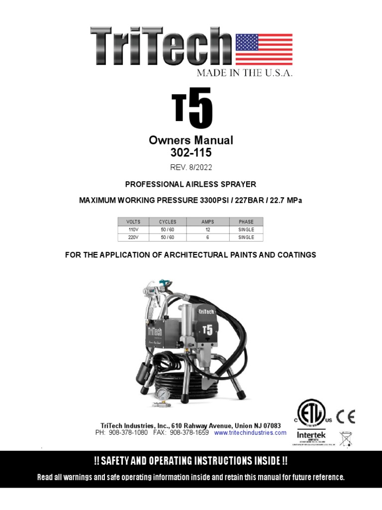 TriTech T5 Airless Sprayer Manual | PDF | Ac Power Plugs And Sockets ...