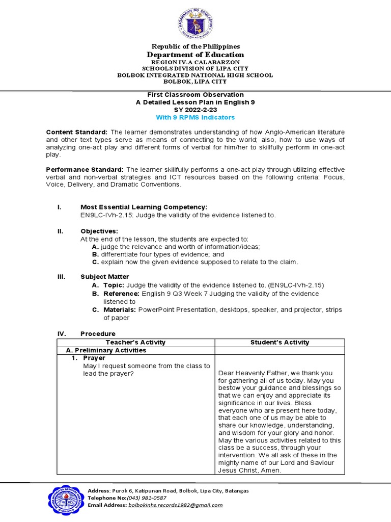 English 9 Lesson Plan | PDF | Learning | Evidence