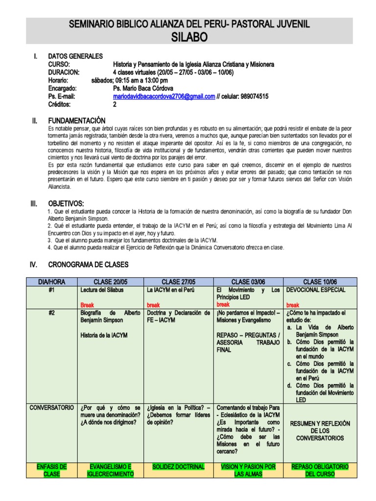 Silabus Historia y Pensamiento de La IACYM - Ps. Mario Baca | PDF