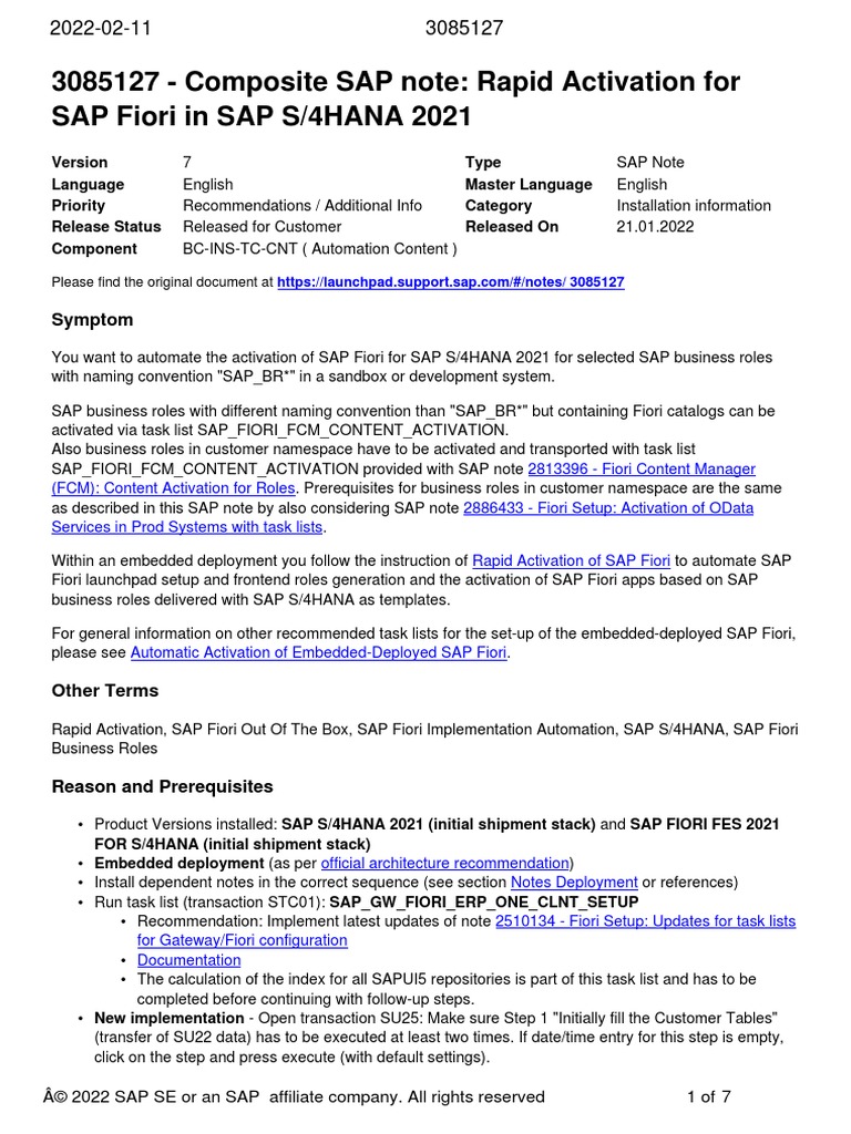 Composite SAP Note: Rapid Activation For SAP Fiori in SAP S/4HANA 2021 ...