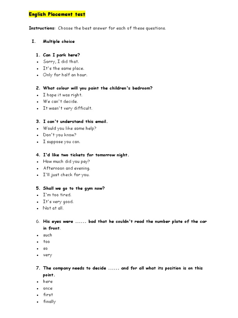 English Placement Test 2023 | PDF