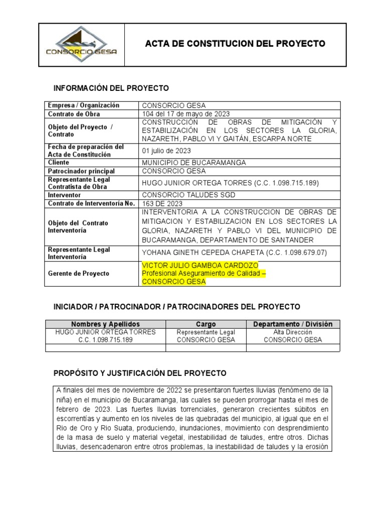 Ejemplo de Acta de Constitución Del Proyecto PMI | PDF