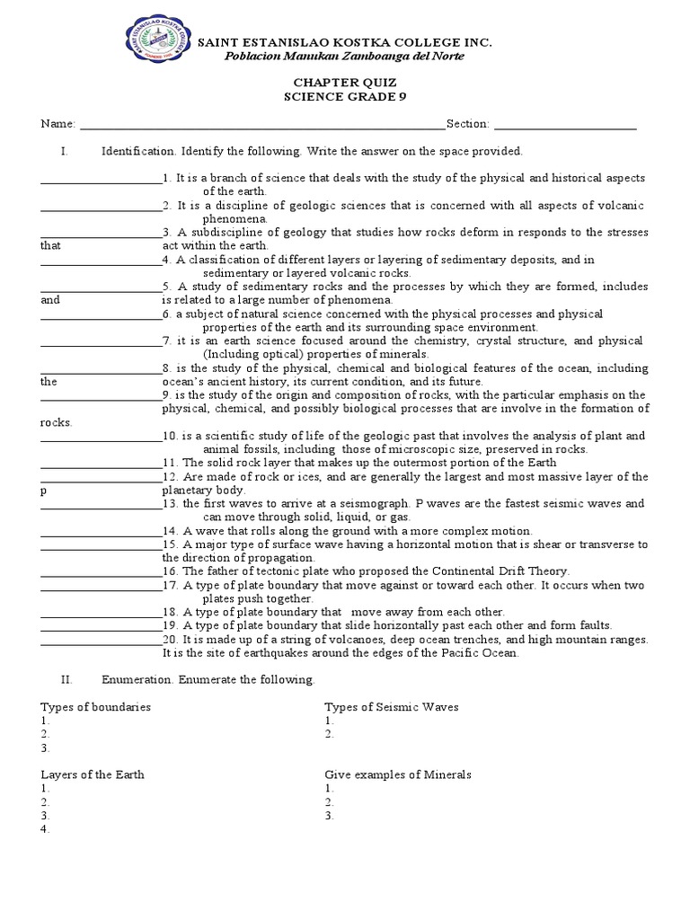 Grade 9 Quiz Earth Crust | PDF | Plate Tectonics | Earth Sciences