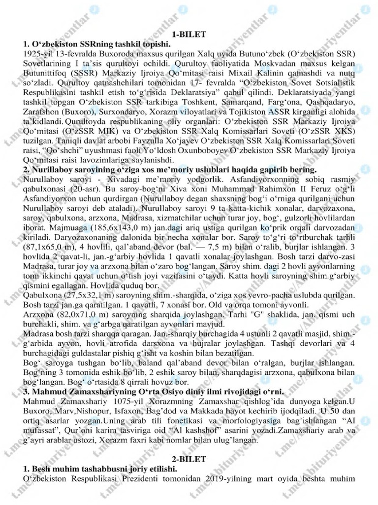 11 Sinf O'zbekiston Tarixi Imtihon Javoblari 2023 | PDF