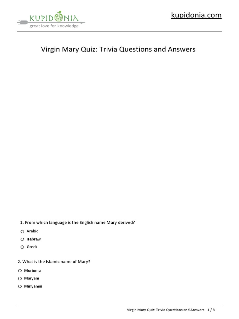 Virgin Mary Trivia Quiz and Answers | PDF