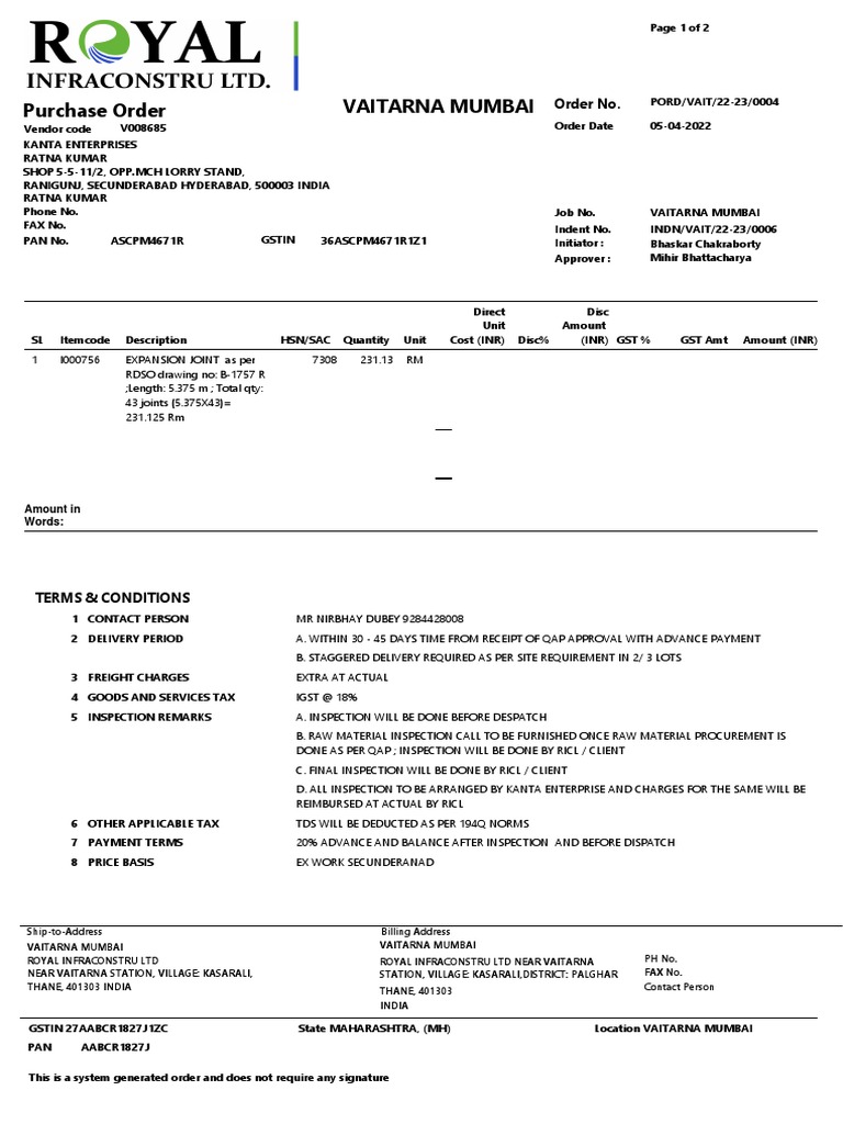 Royak Po For Exp Joint | PDF