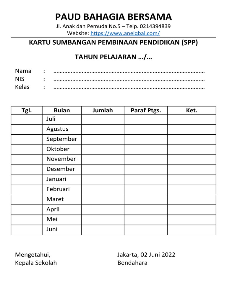 Contoh Kartu SPP Paud | PDF