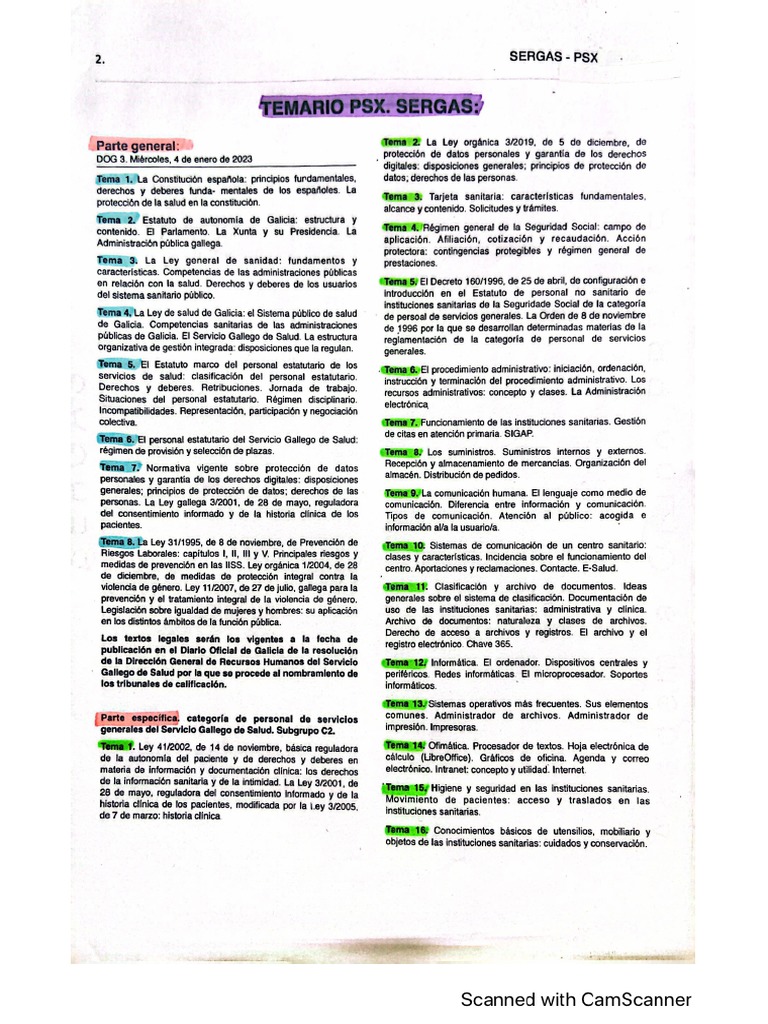 Índice Temario PSX SERGAS - OPE 2022 | PDF