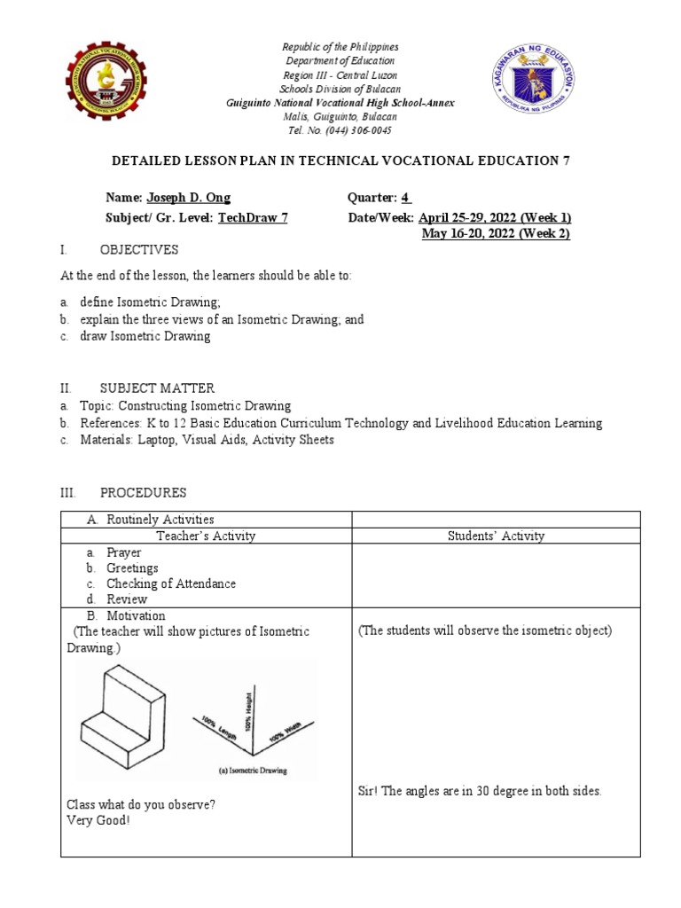 Lesson - Plan - in - Constructing Isometric Drawing Q3 Week 1 and 2 | PDF