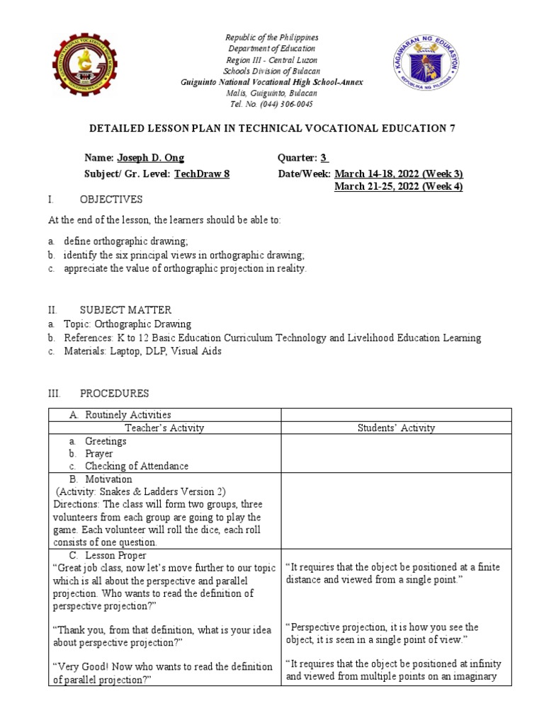 Lesson - Plan - in - Orthographic Drawing Q3 Week 3 and 4 | PDF
