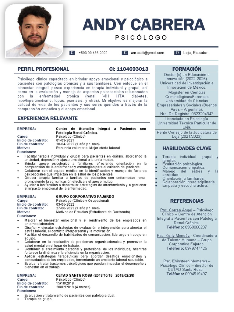 HV - Cabrera Andy - Psicologo Clinico | PDF | Sicología | Estrés (biología)