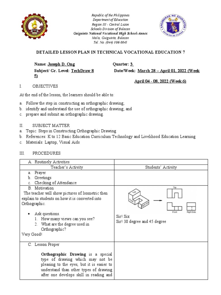 Lesson - Plan - in - Steps in Constructing Orthographic Drawing Q3 Week 5 and 6 | PDF ...