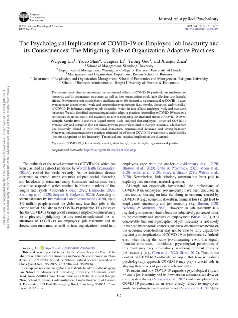 The Psychological Implications of COVID-19 On Employee Job Insecurity ...