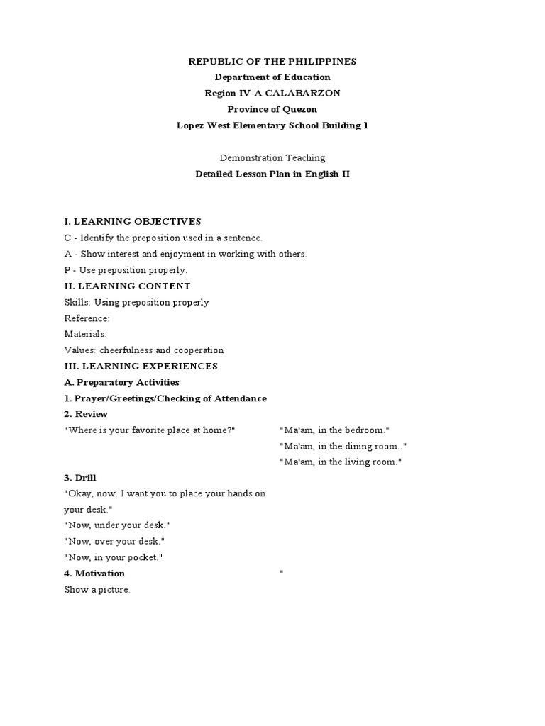 Detailed Lesson Plan in English II | PDF | Pronoun | Preposition And ...