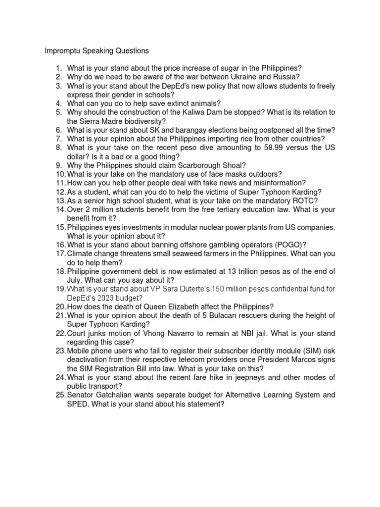 Impromptu Speech Topics in the Philippines | PDF | Philippines